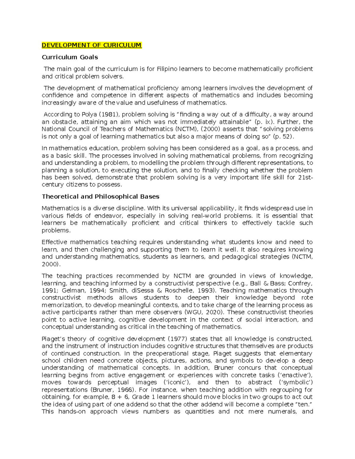 MATH reviewer - DEVELOPMENT OF CURICULUM Curriculum Goals The main goal ...