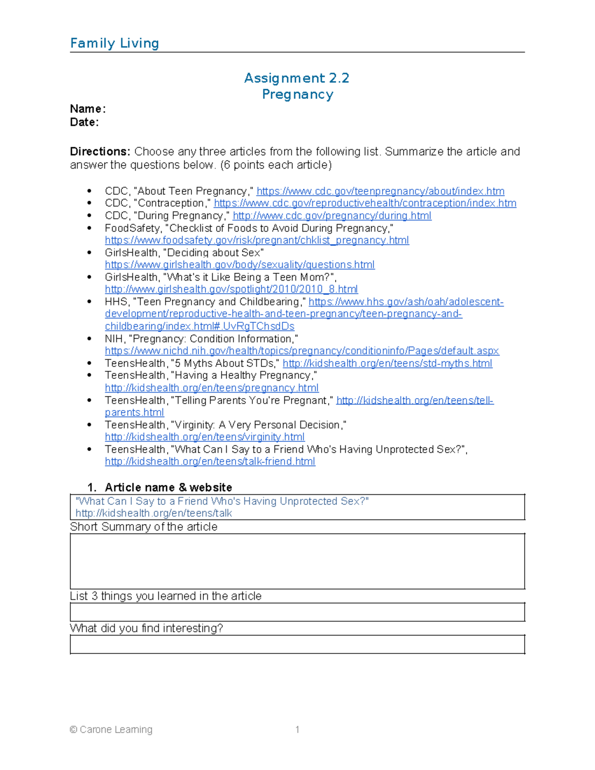 2 2assignment - I am a student - Family Living Assignment 2. Pregnancy ...
