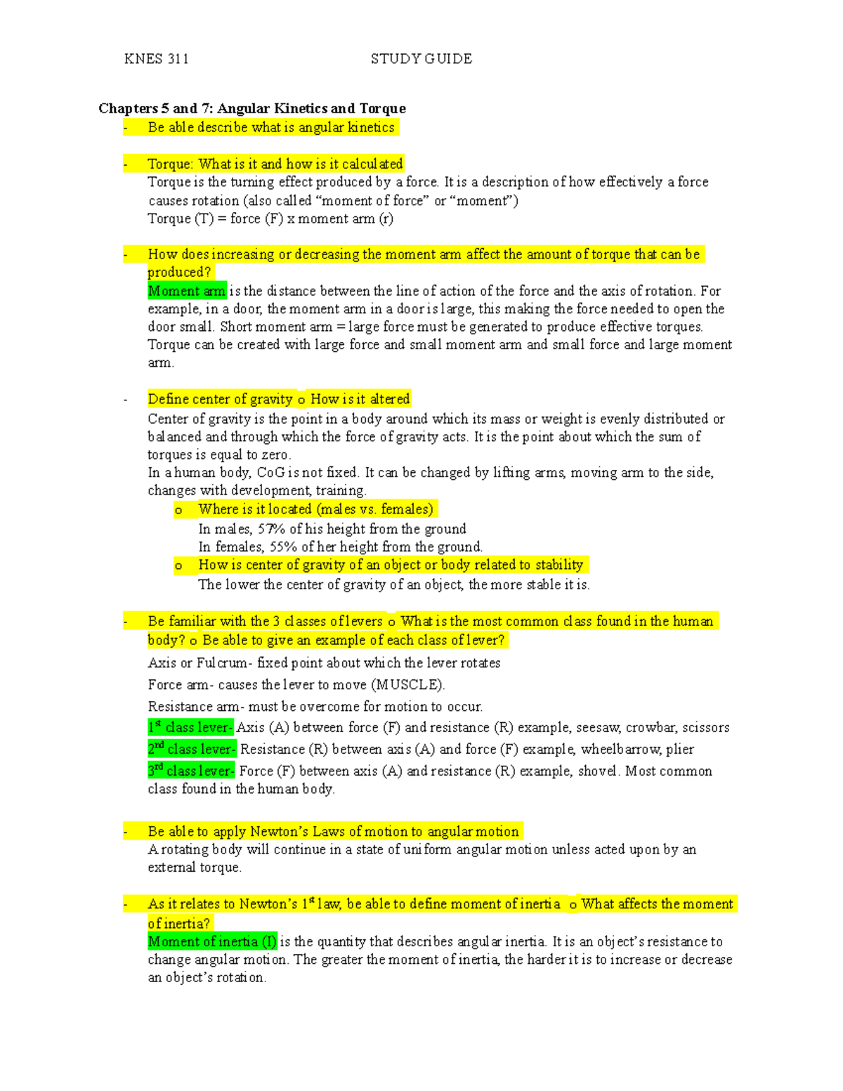 Angular Kinetics AND Torque Study Guide - KNES 311 STUDY GUIDE Chapters 5 and 7: Angular ...