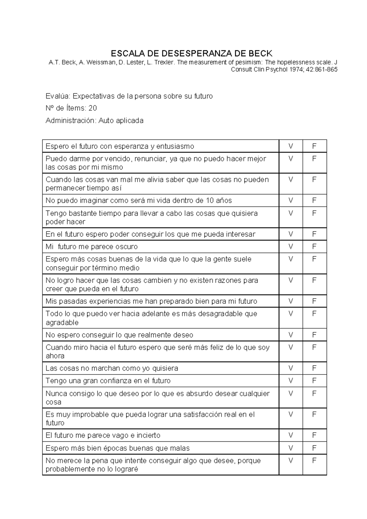 Escala de Desesperanza de Beck - ESCALA DE DESESPERANZA DE BECK A. Beck ...