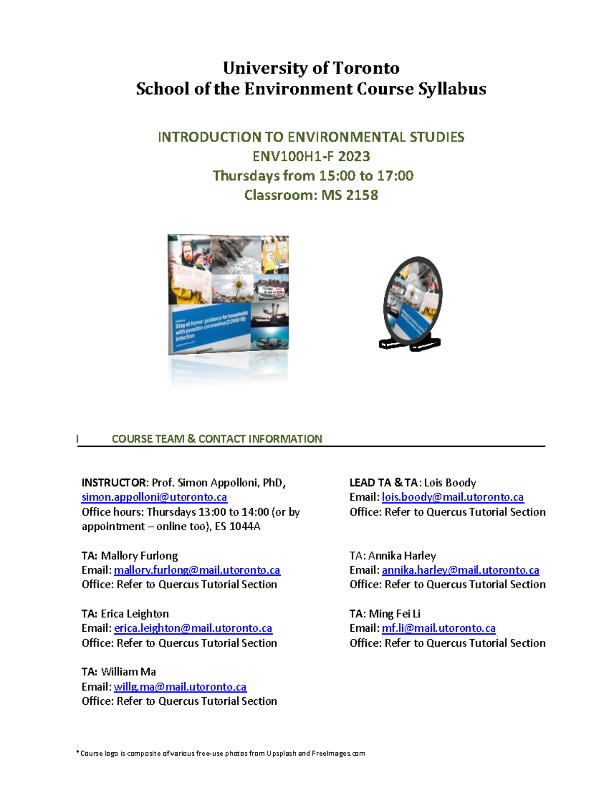 ENV100 Syllabus 2023 FALL - *Course logo is composite of various free ...