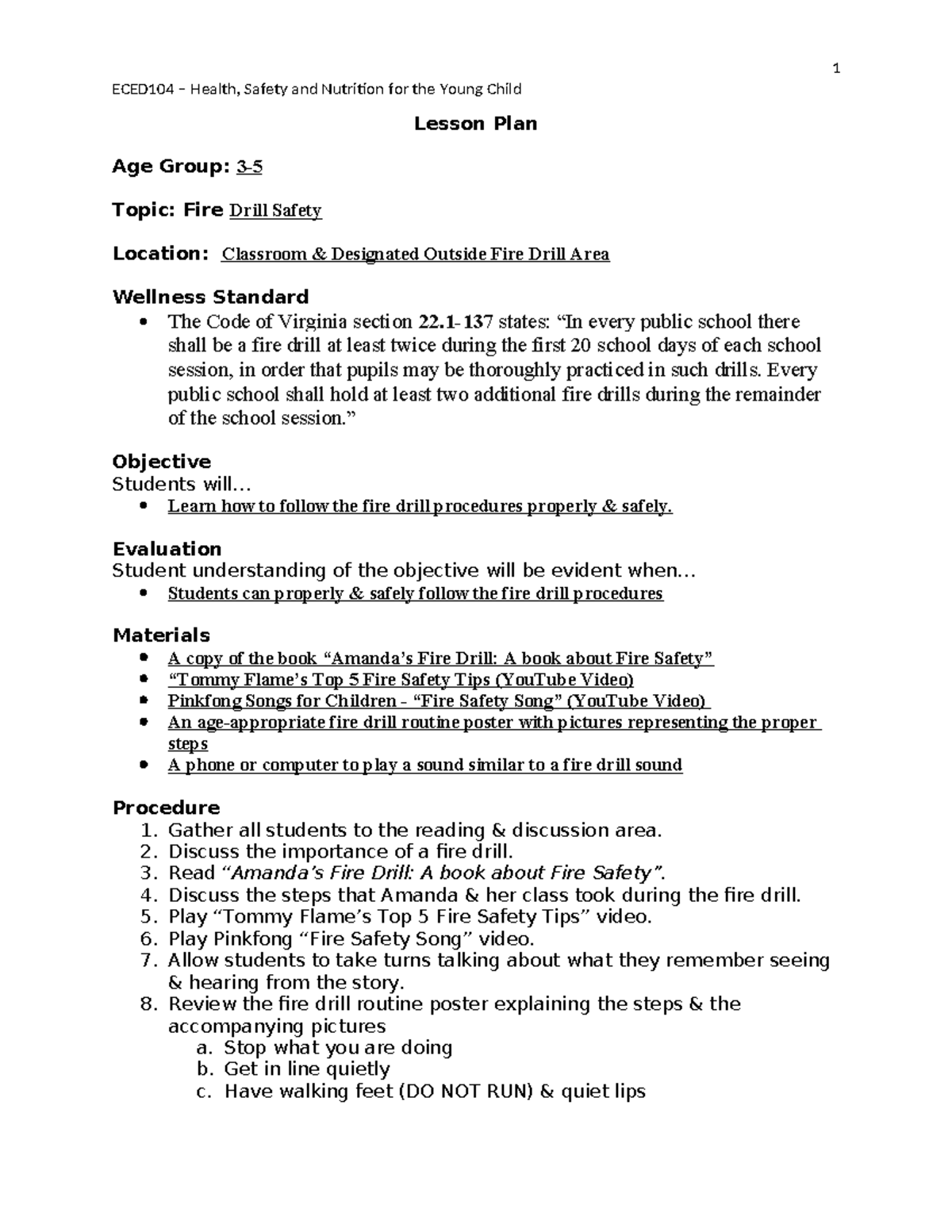 Fire Safety Lesson Plan - 1 ECED104 – Health, Safety and Nutrition for ...