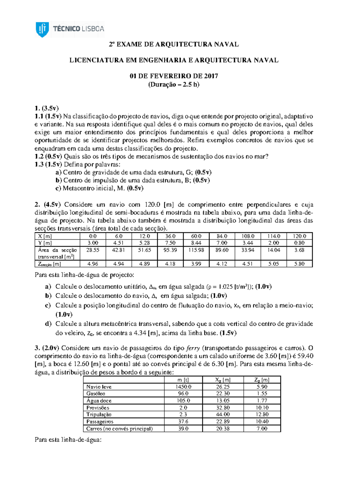 Nav Arch Exam Paper 01FEV2017 POR - 2º EXAME DE ARQUITECTURA NAVAL ...