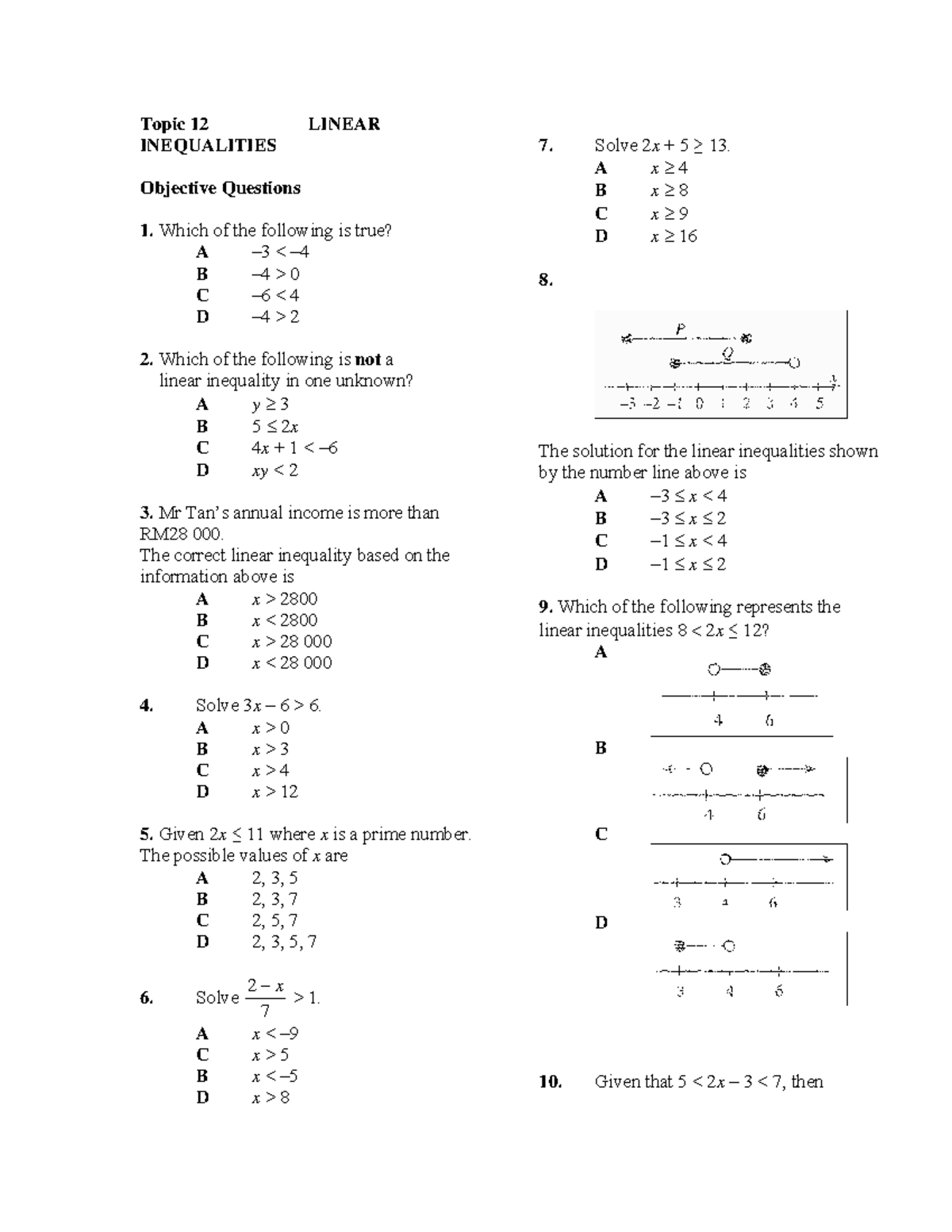 Linear Inequalities , JUNE - Topic 12 LINEAR INEQUALITIES Objective ...