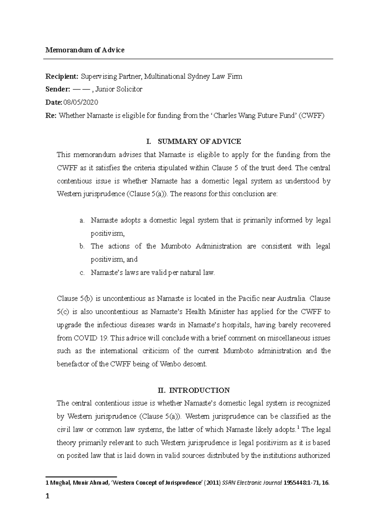 Legal Theory Memo (Final) - Memorandum of Advice Recipient: Supervising ...