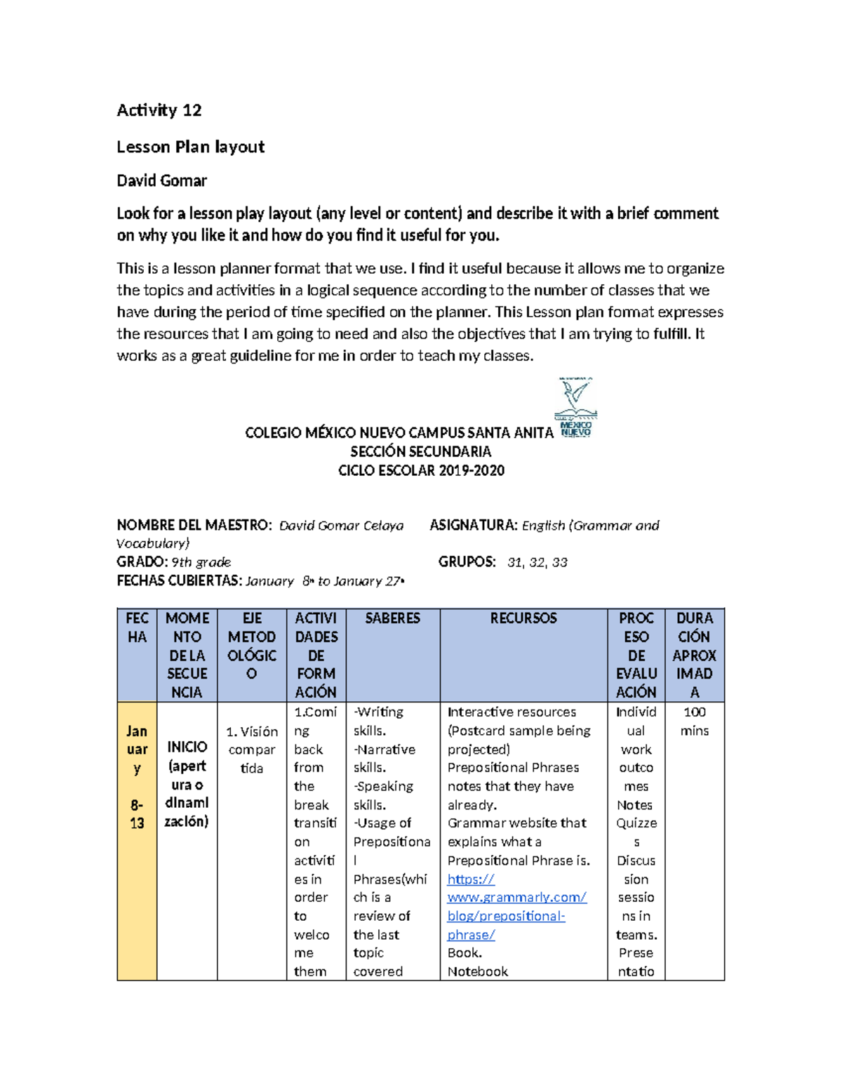 Activity 12 Lesson Play Layout - Activity 12 Lesson Plan layout David ...