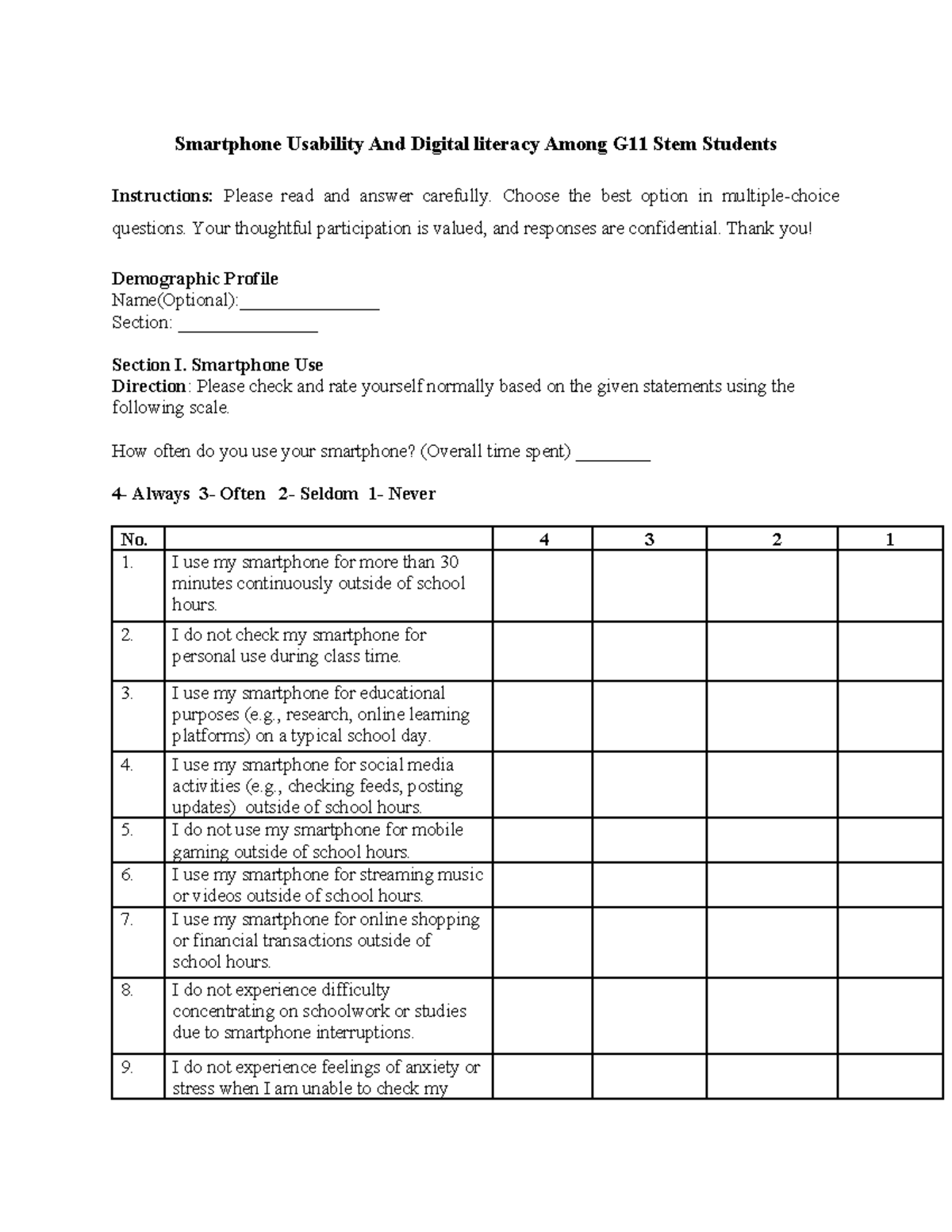 G-5 Survey Questionnaire - Smartphone Usability And Digital literacy ...
