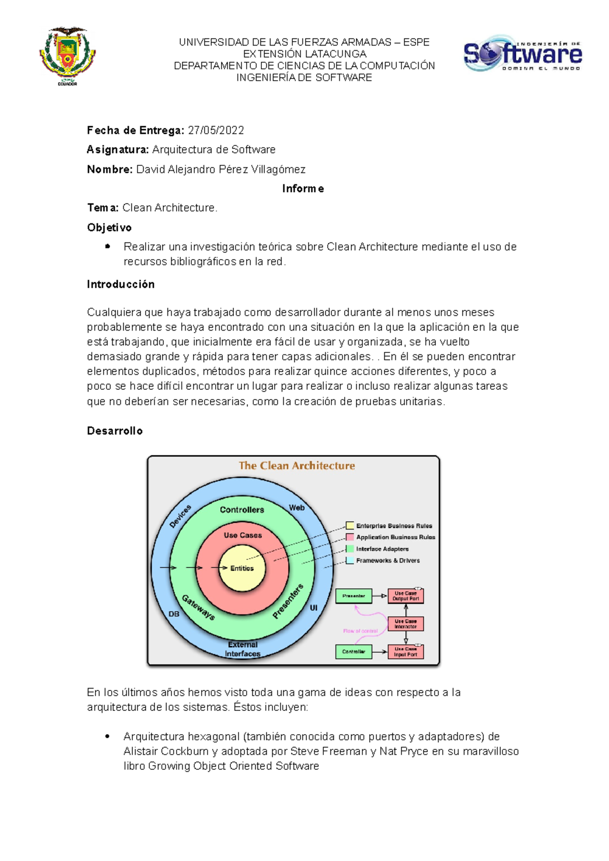 Clean Architecture Perez David - Arquitectura de Software - ESPE - StuDocu