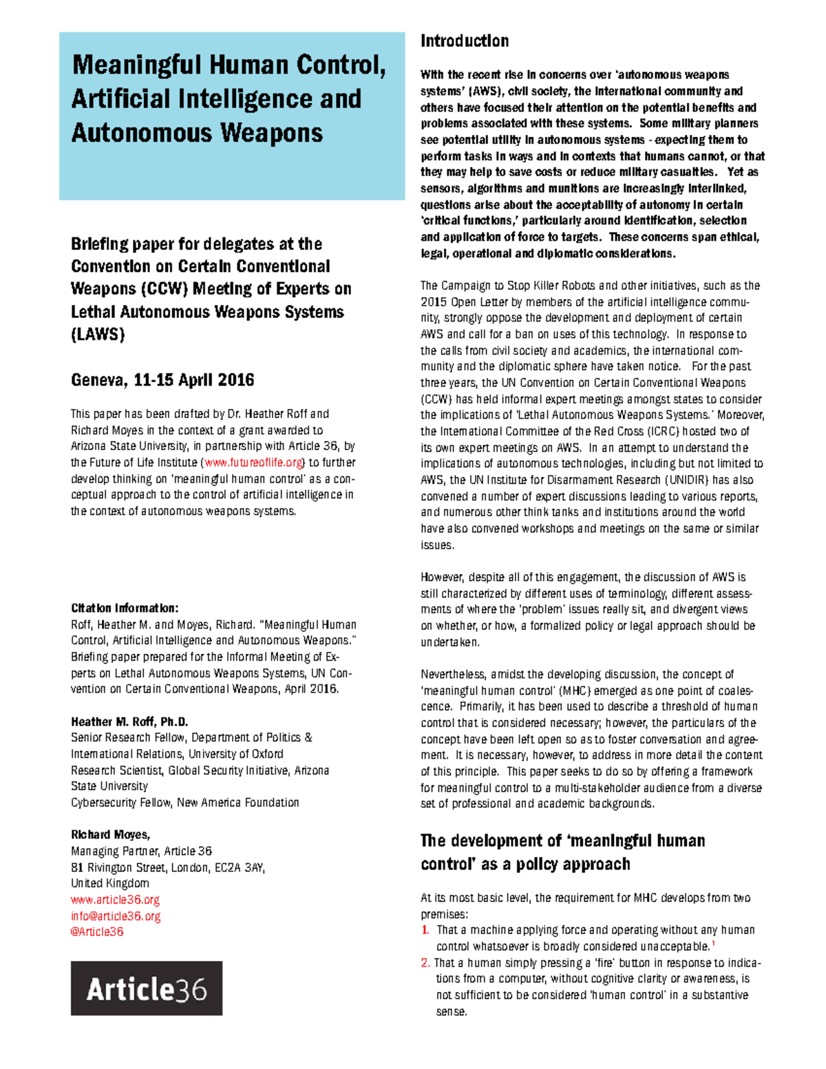 Meaningful Human Control Artificial Inte 2 - Introduction With the ...