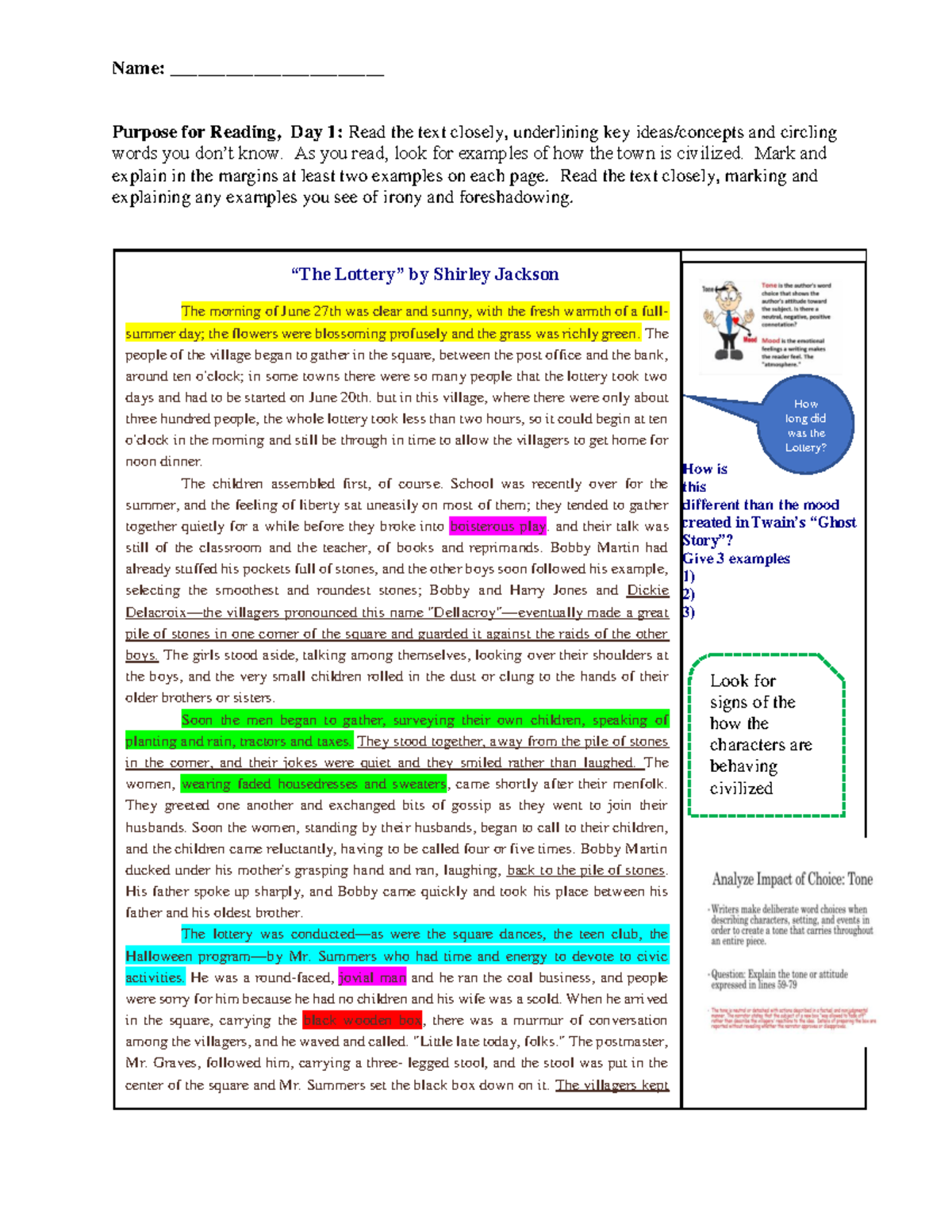 Close Readof The Lotteryby Shirley Jackson Interactive-1 - Name ...