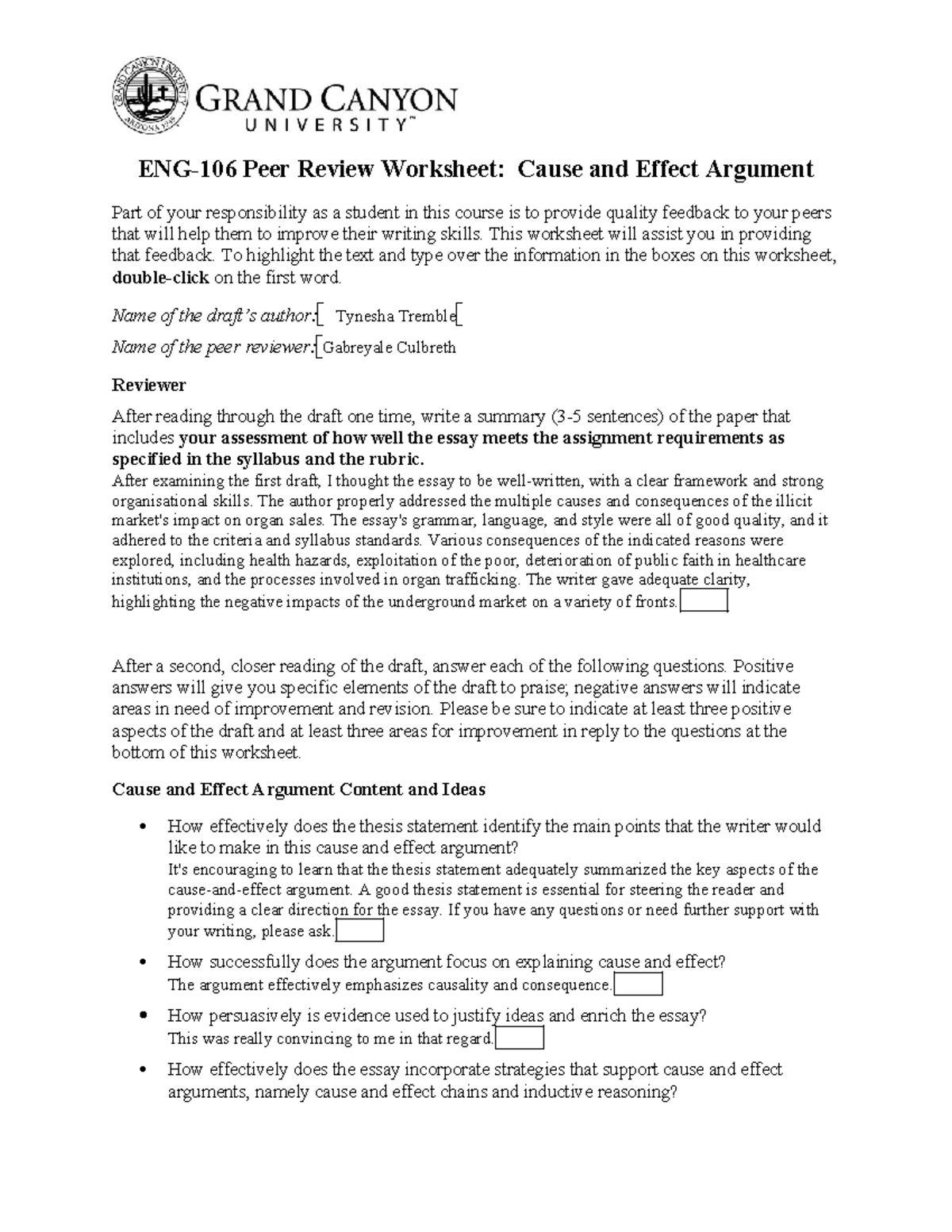 ENG106 Cause Effect Peer Review Worksheet - ENG-106 Peer Review ...