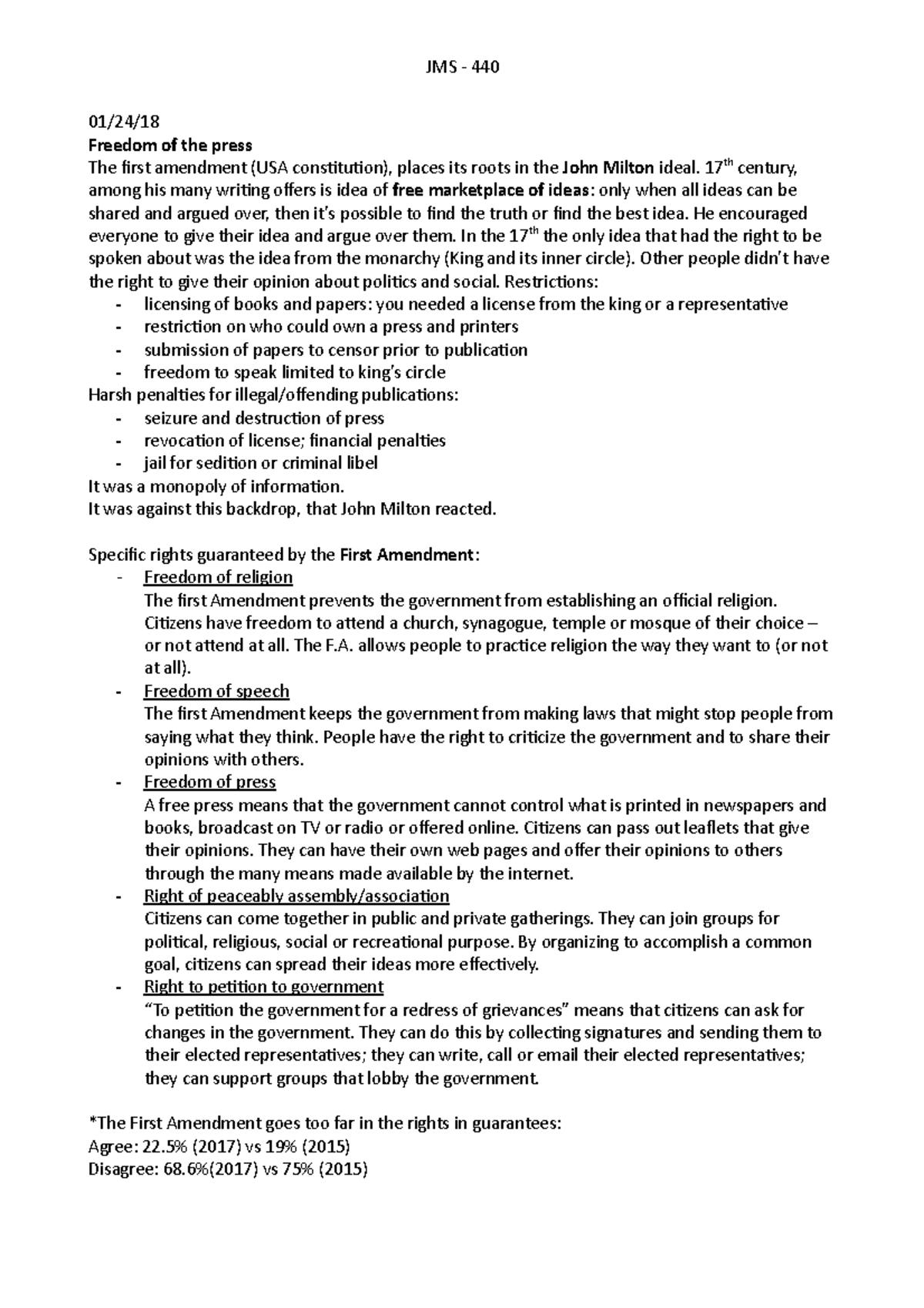 JMS 440 - Class notes + Book - JMS - 440 01/24/18 Freedom of the press ...
