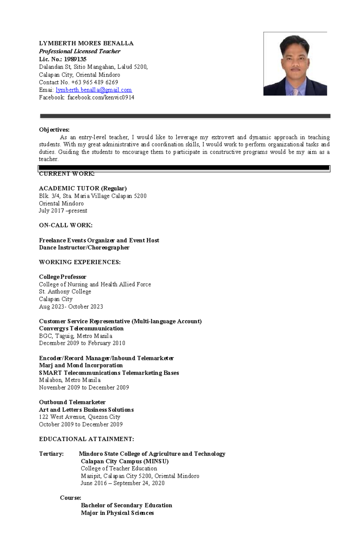 Curriculum Vitae - resume format - LYMBERTH MORES BENALLA Professional ...