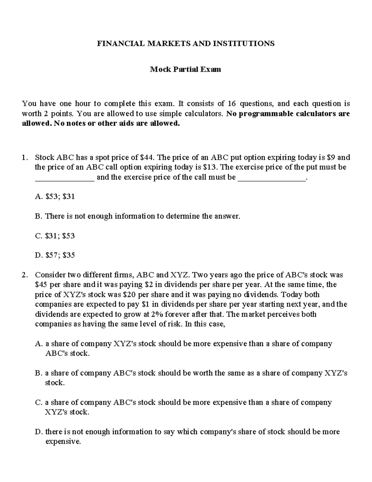 Financial Markets and Institutions Mock Partial Exam Questions 2015 ...