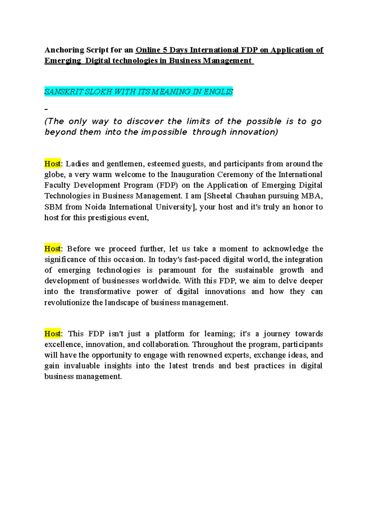 Anchoring Script FDP Program - Anchoring Script for an Online 5 Days International FDP on - Studocu