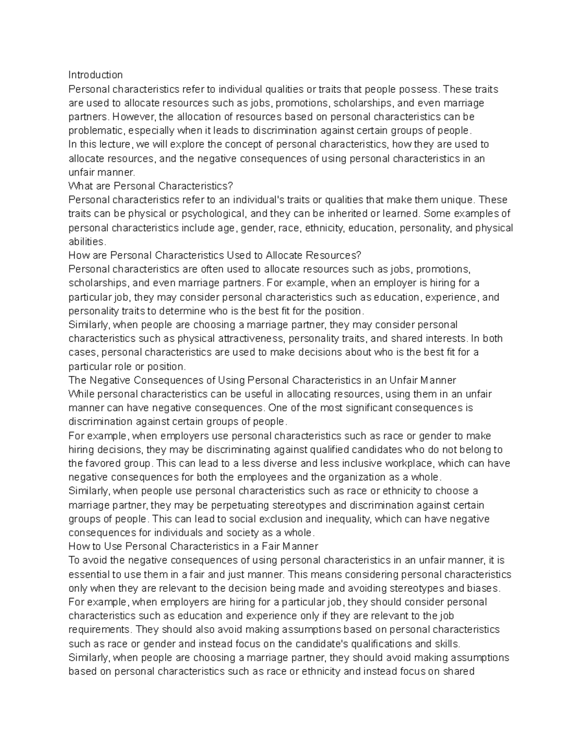 Econ101 Lecture Notes 15 Introduction Personal Characteristics Refer To Individual Qualities