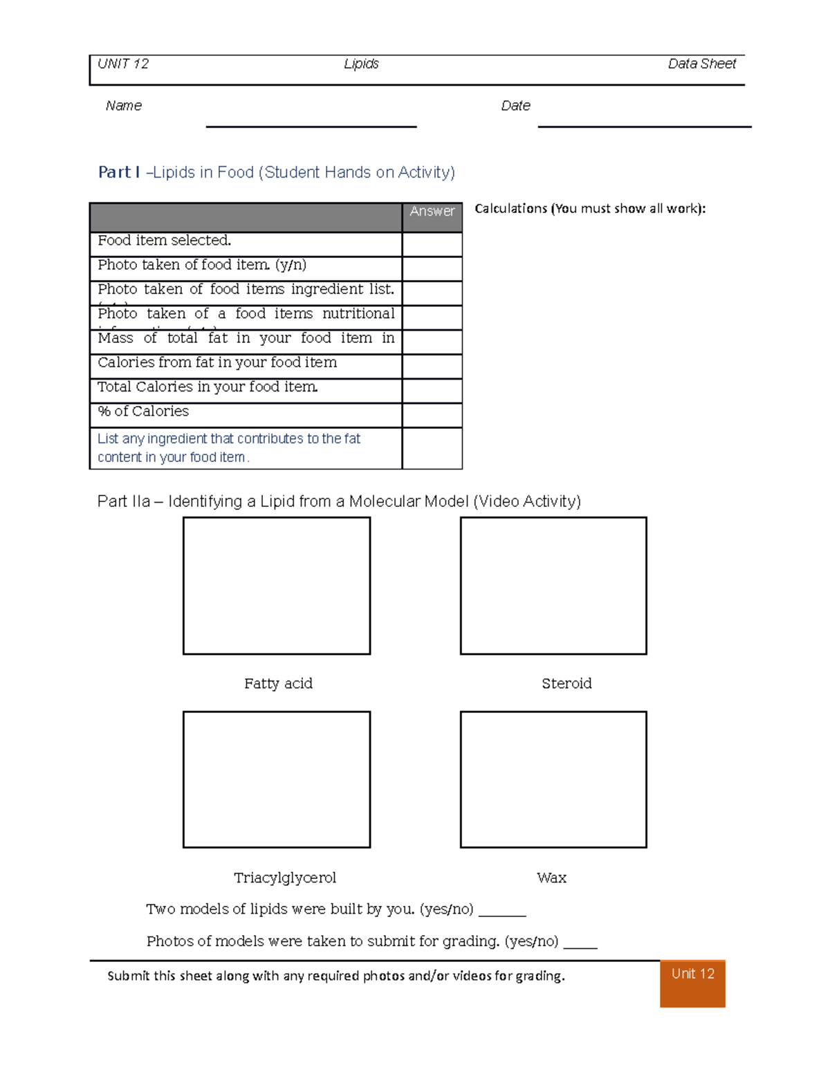 unit 14 acids bases - Name Date Part I –Lipids in Food (Student Hands ...