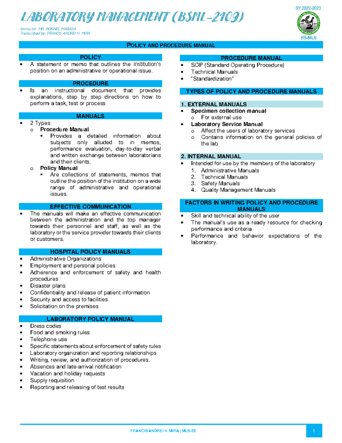 Lecture-4 SEMI- Finals Policy-and-Procedure-Manual LAB-MAN MLS-2E - LABORATORY MANAGEMENT - Studocu