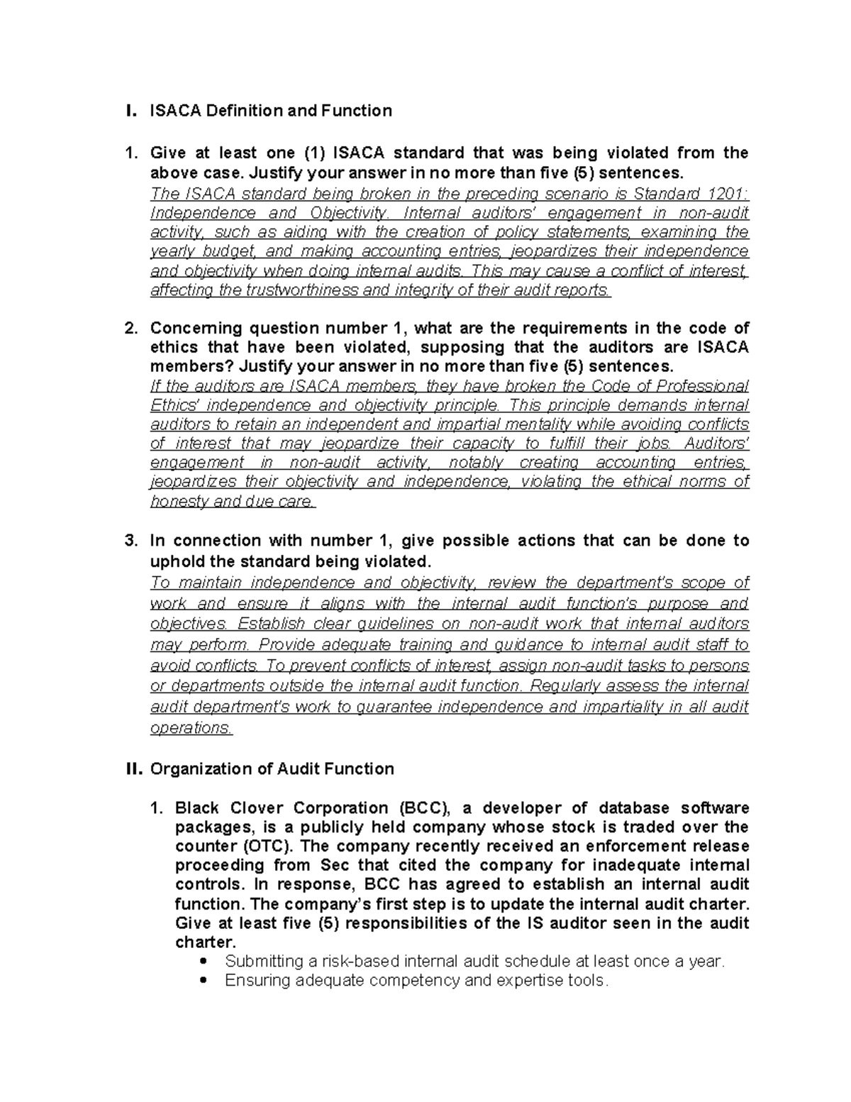 01 Quiz 1 - I. ISACA Definition and Function Give at least one (1 ...