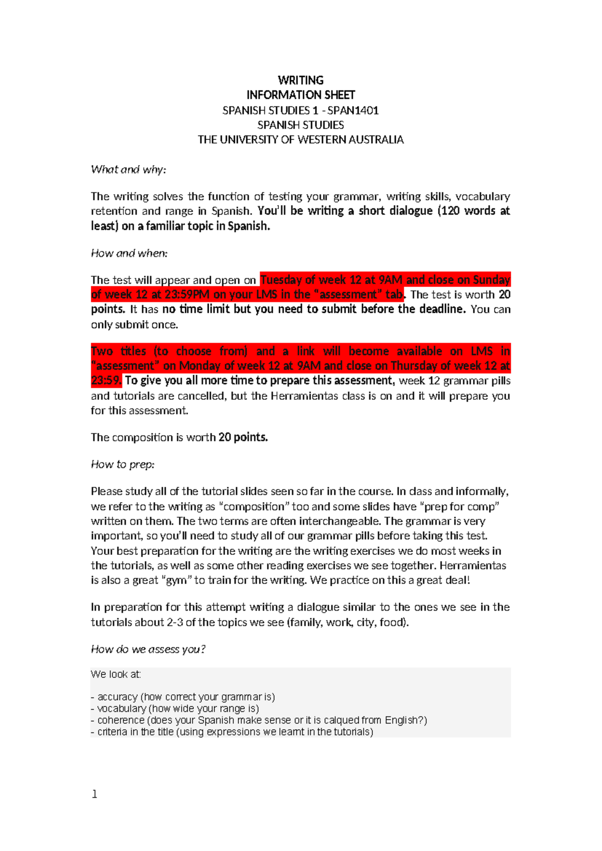 NWST Writing - info sheet - WRITING INFORMATION SHEET SPANISH STUDIES 1 ...