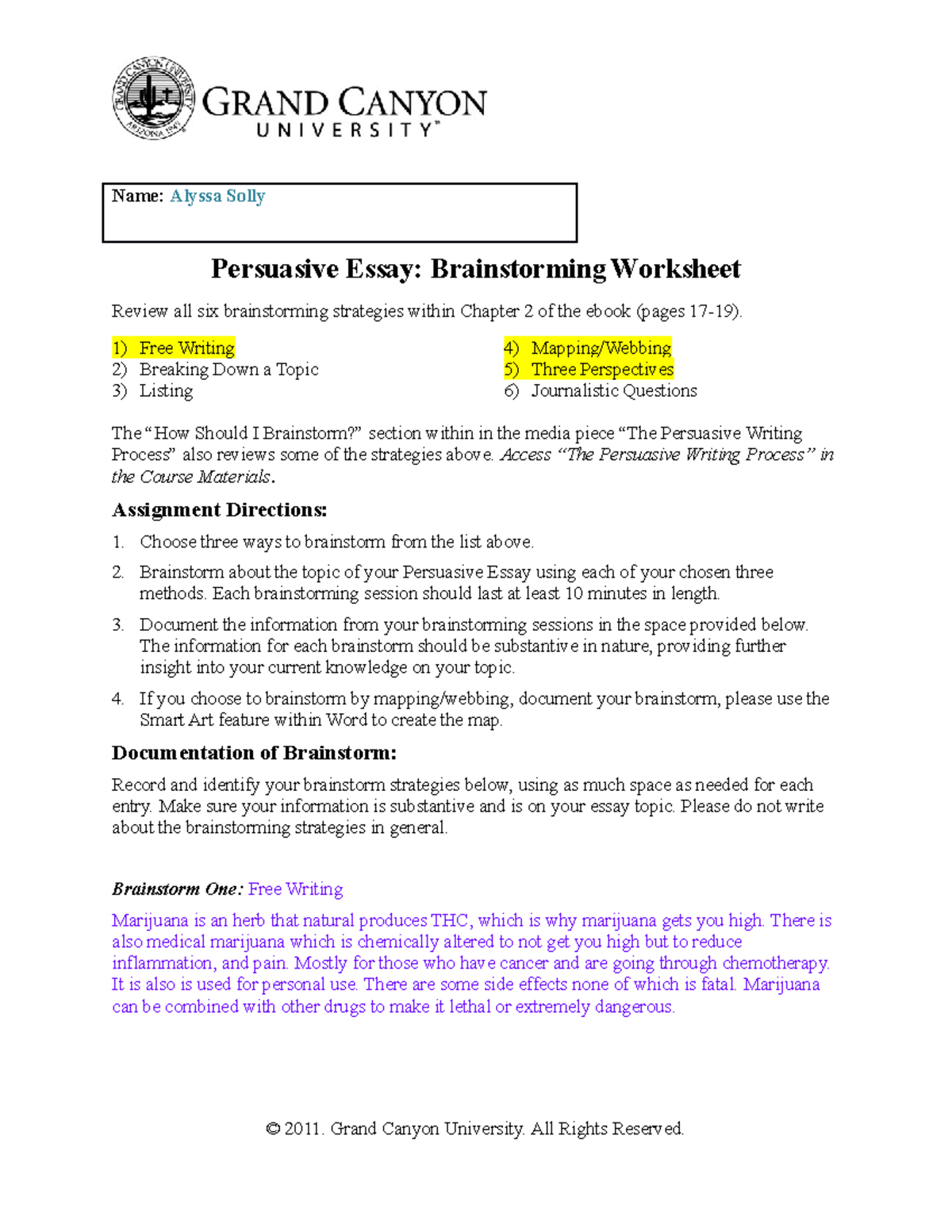 PHI105 T2 Brainstorming Worksheet (fin) - Name: Alyssa Solly Persuasive ...