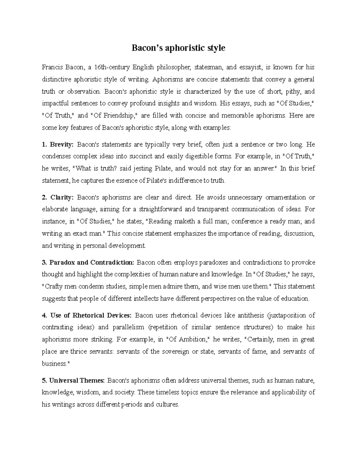 Bacon's aphoristic style - Bacon's aphoristic style Francis Bacon, a ...