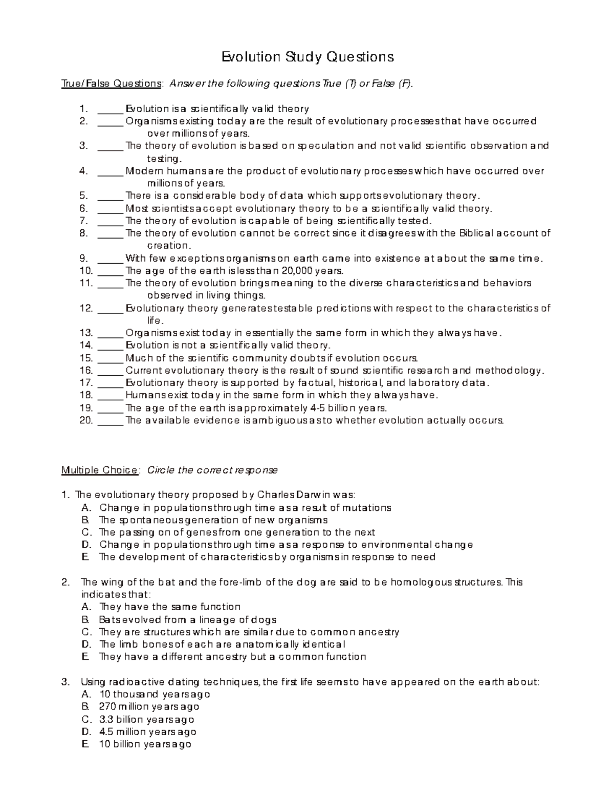 Evolution questions - Evolution Study Questions True/False Questions ...