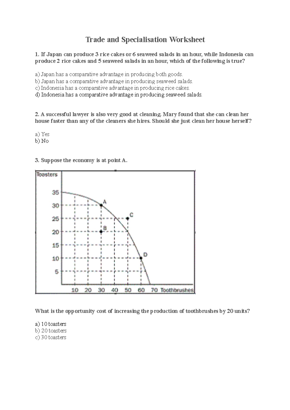 Trade and Specialisation Worksheet Questions - Trade and Specialisation ...