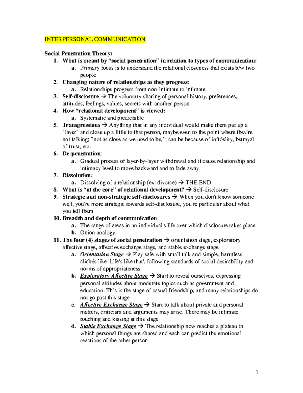 Quiz #3 Review Sheet - INTERPERSONAL COMMUNICATION Social Penetration ...