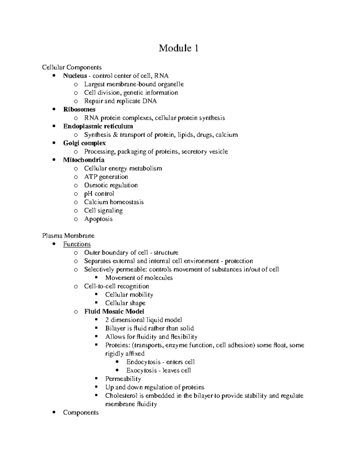 Patho Exam 1 - Lecture notes Module 1 - Modul e1 Ce l l ul a rCompone ...