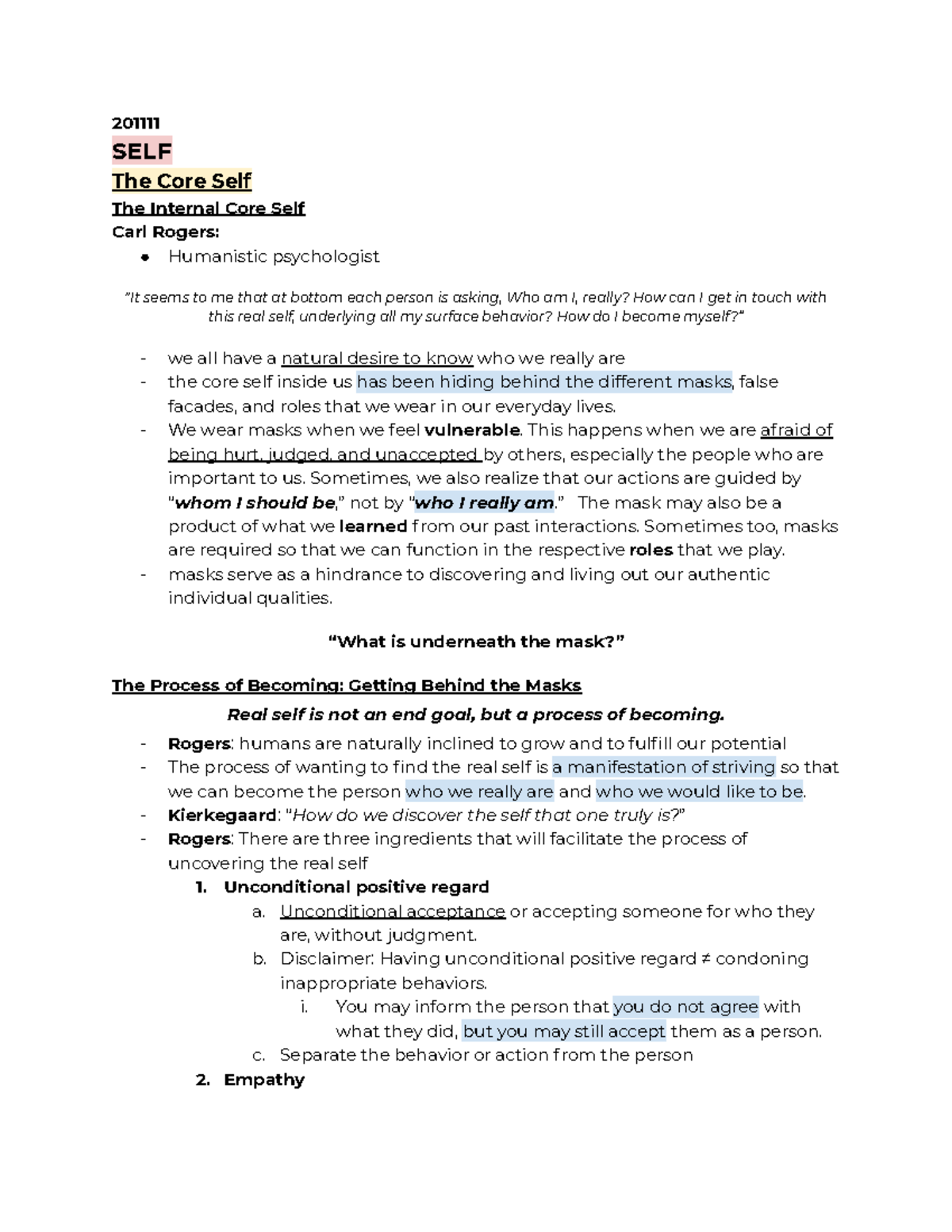 SocSc 11 - Understanding the Self Notes - 201111 SELF The Core Self The ...