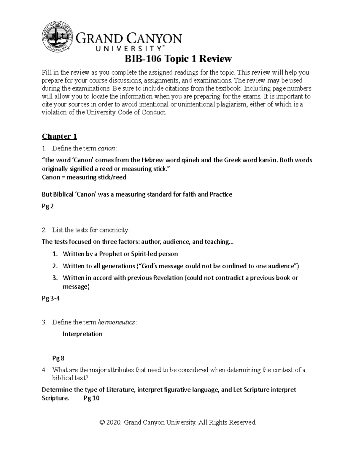 BIB 106 RS T1Review - Review - BIB-106 Topic 1 Review Fill in the ...