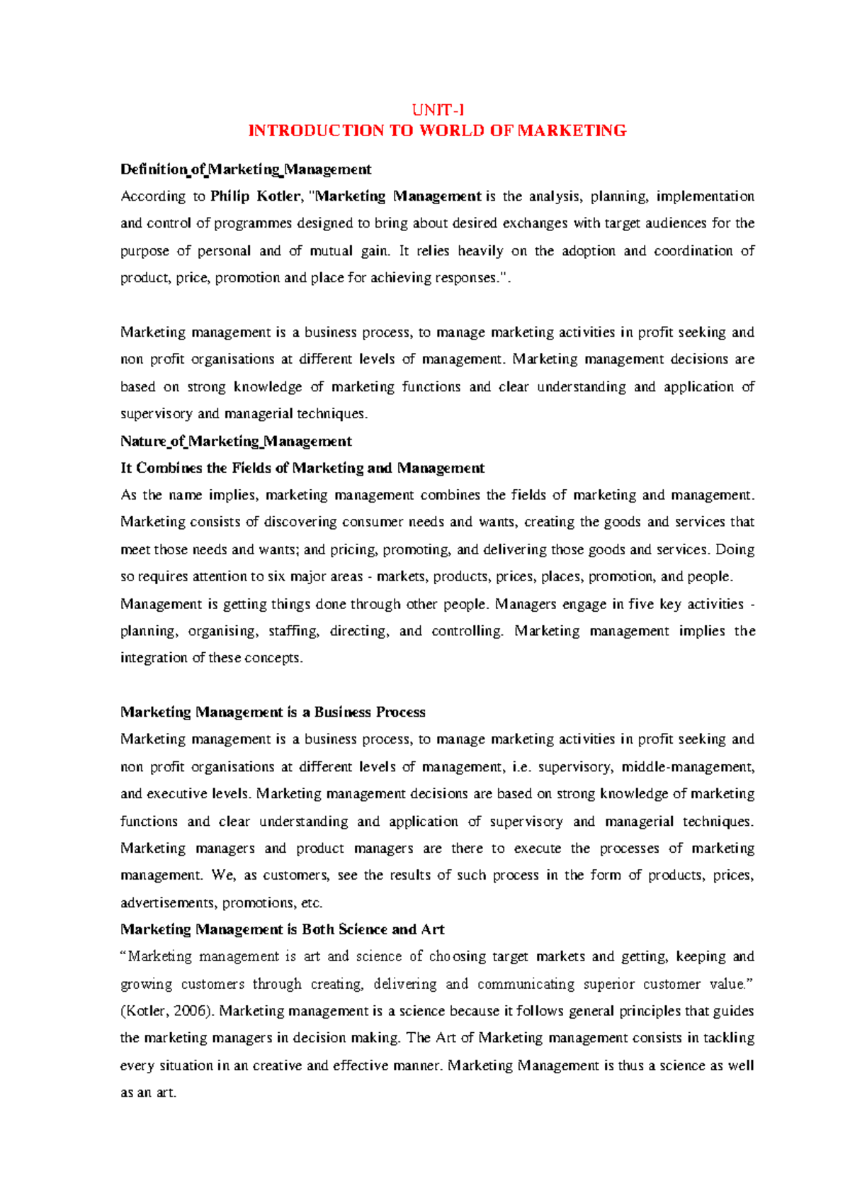 Introduction to marketing - UNIT-I INTRODUCTION TO WORLD OF MARKETING Definition of Marketing ...