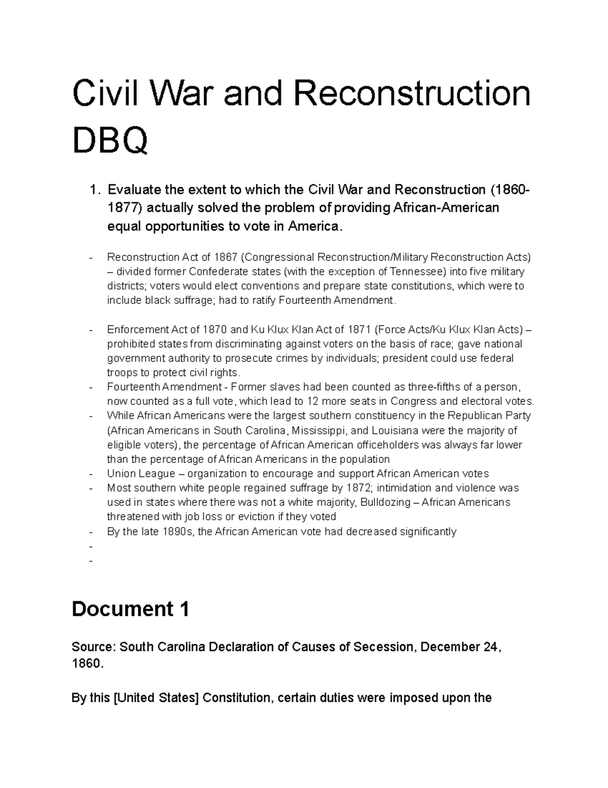 Copy of Reconstruction DBQ - Civil War and Reconstruction DBQ 1 ...