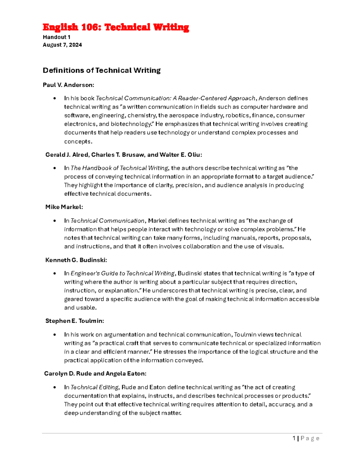 Handout 1 Technical Writing - English 106: Technical Writing Handout 1 ...