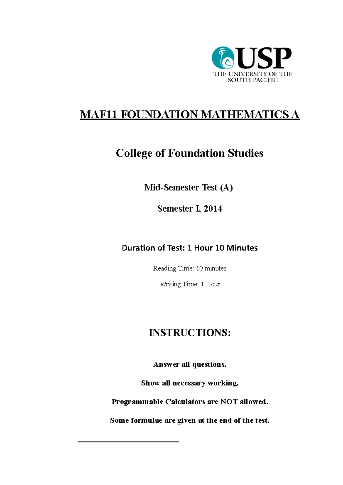MAF11 MST 2014 - practice materials - MAF11 FOUNDATION MATHEMATICS A College of Foundation ...