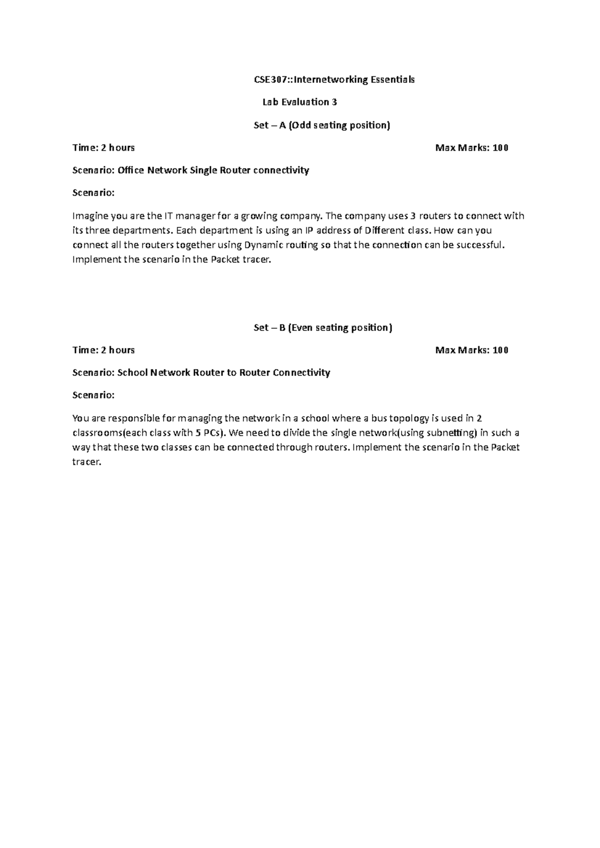 Lab Evaluation 3 - CSE307::Internetworking Essentials Lab Evaluation 3 Set – A (Odd seating ...