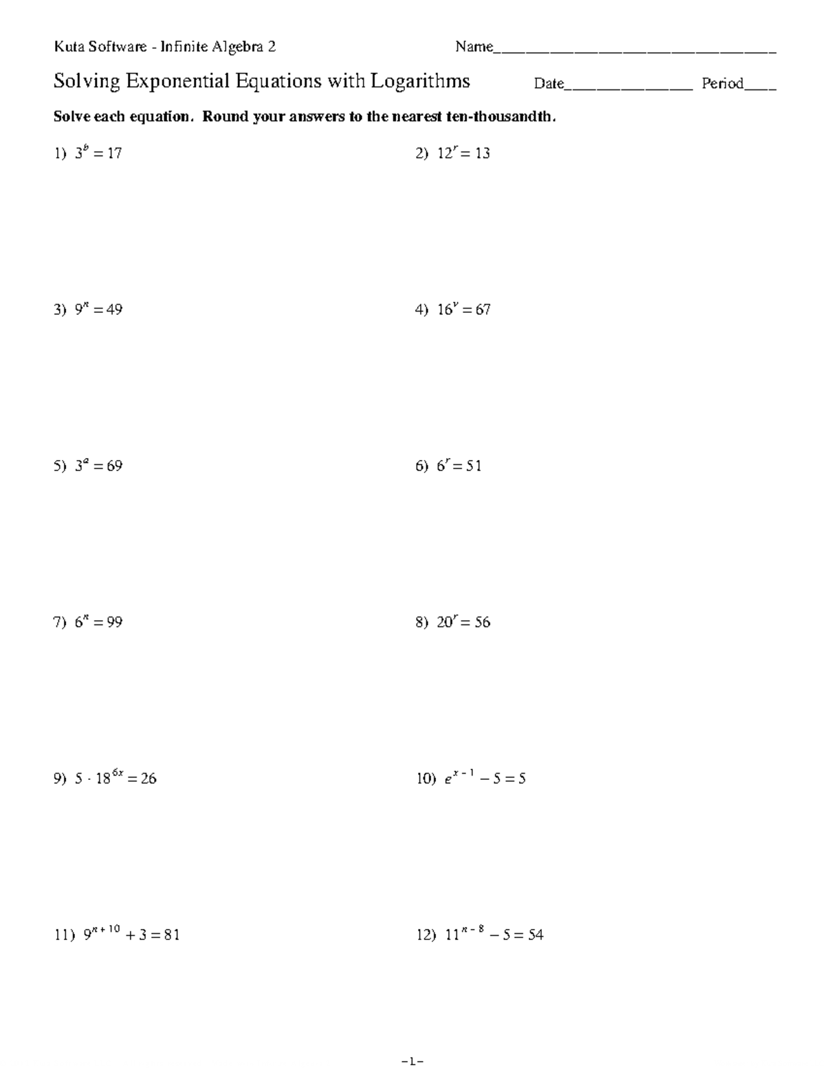 Solving Exponential Equations with Logarithms - ©O j 2 r 0 V 1 P 2 C ...