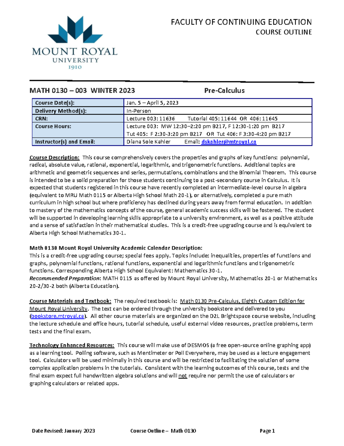 Math 0130-003 IN Person Winter 2023 - FACULTY OF CONTINUING EDUCATION ...