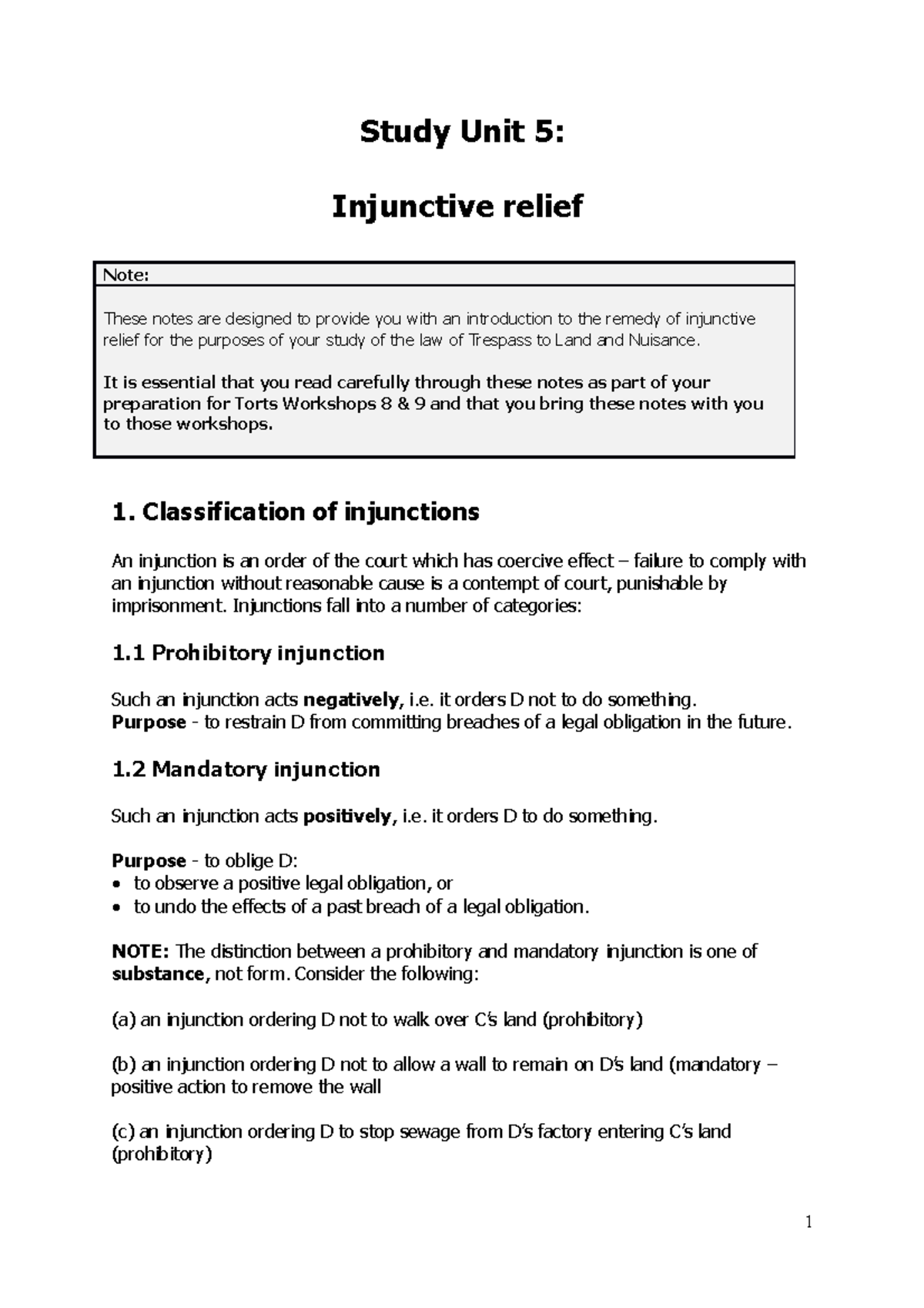 5. Injunctive Relief - Study Unit 5: Injunctive relief Note: These ...