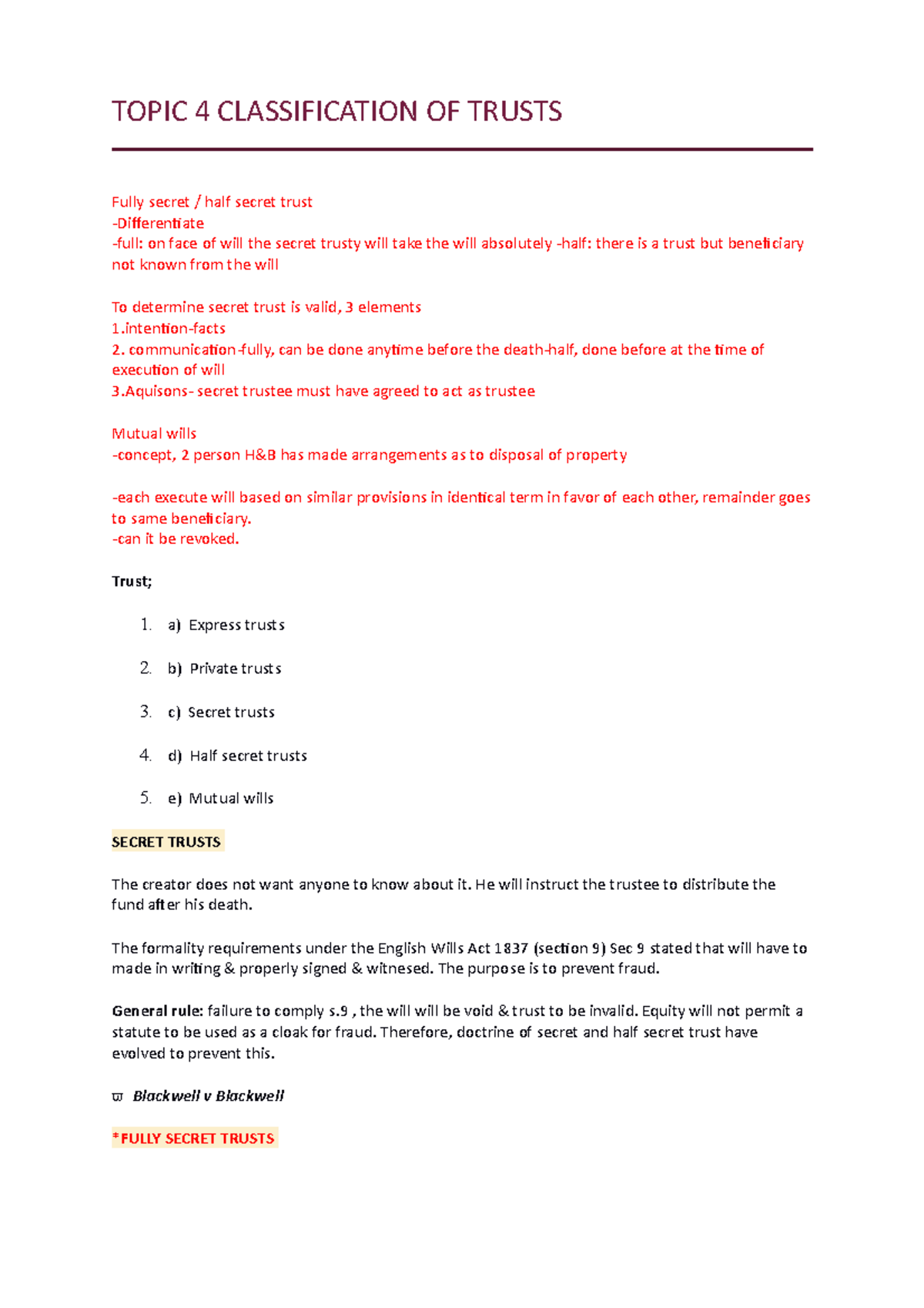 Topic 4 Classification OF Trusts - TOPIC 4 CLASSIFICATION OF TRUSTS ...