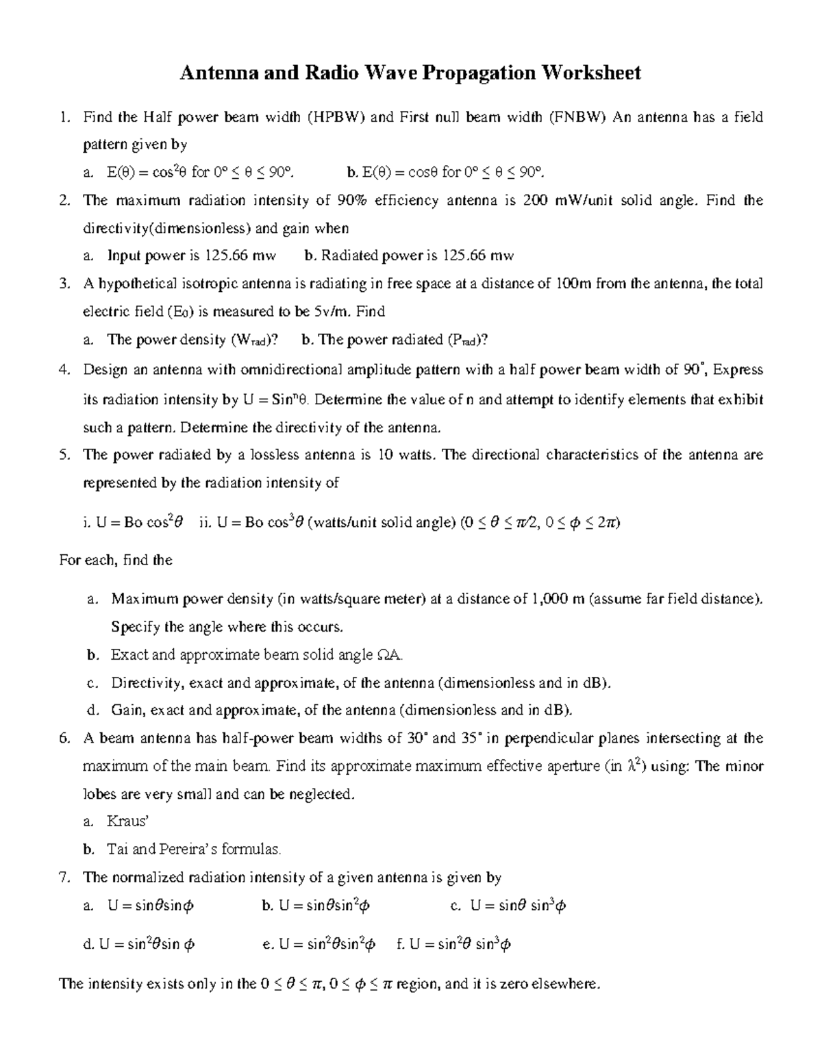 Worksheet of Antenna and Radio Wave Propagation - Antenna and Radio ...
