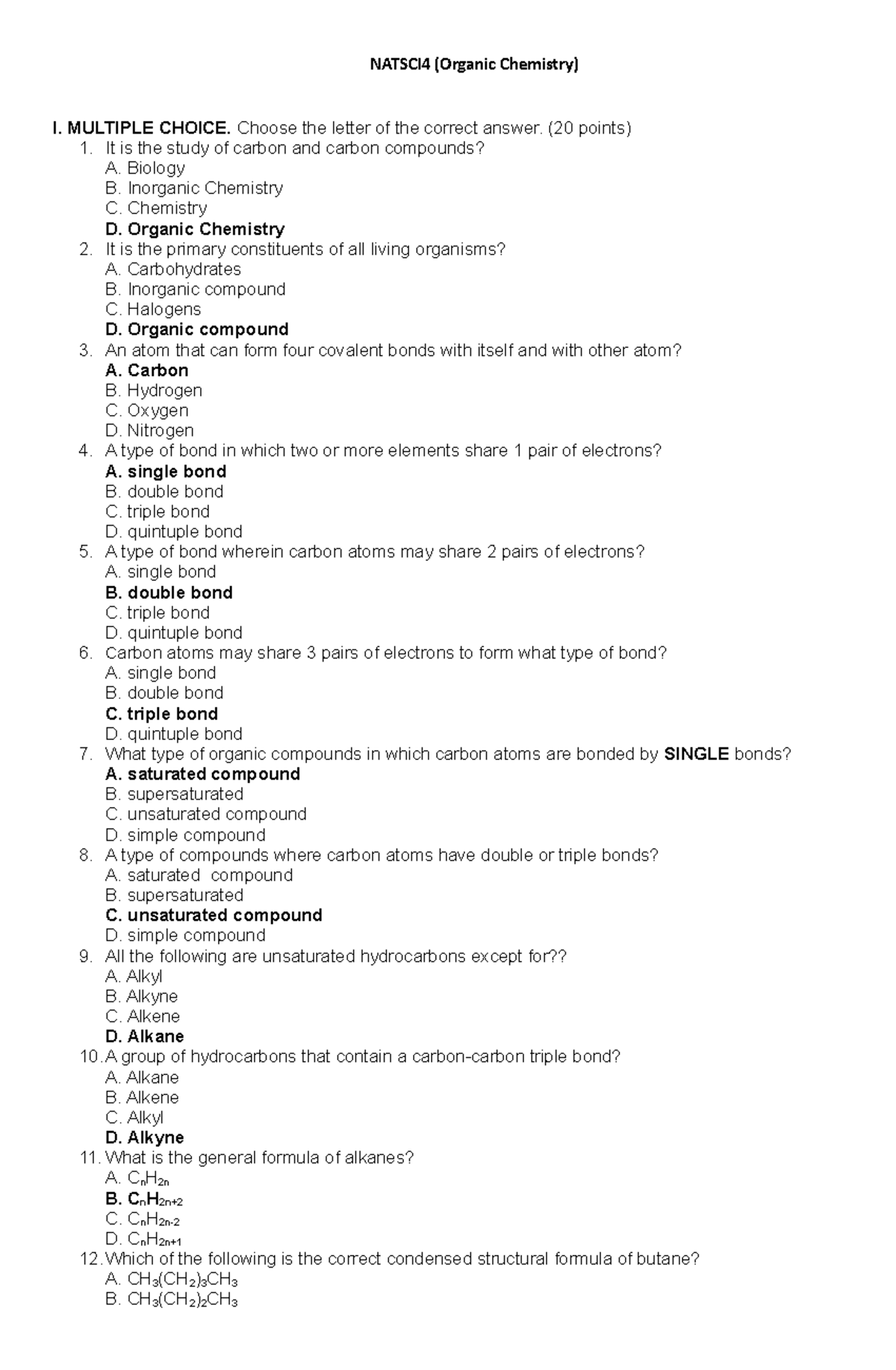 Long Quiz Natsci 4-Organic Chemistry - NATSCI4 (Organic Chemistry) I ...