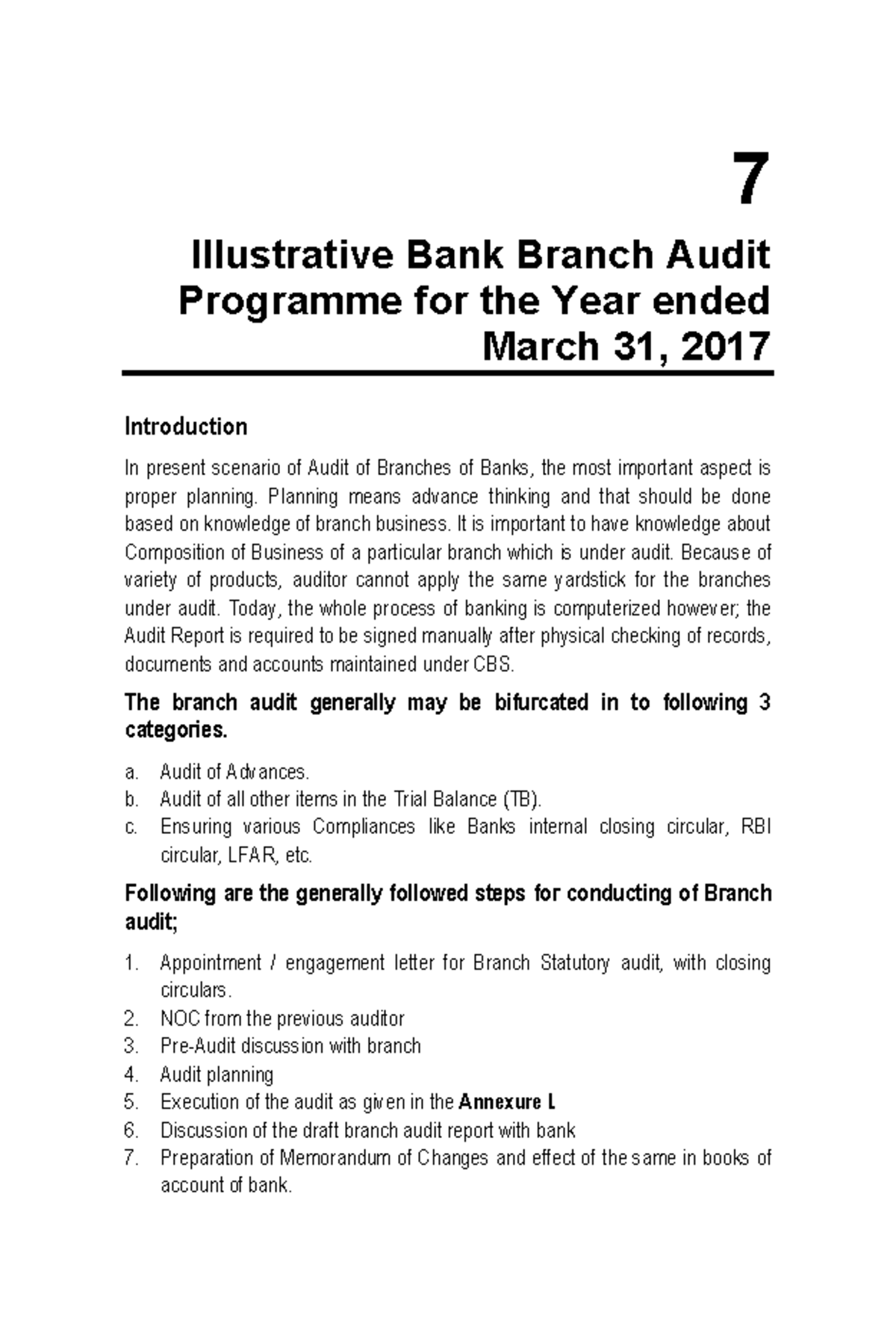 7 illustrative bank branch audit programme for the year ended march 31 ...
