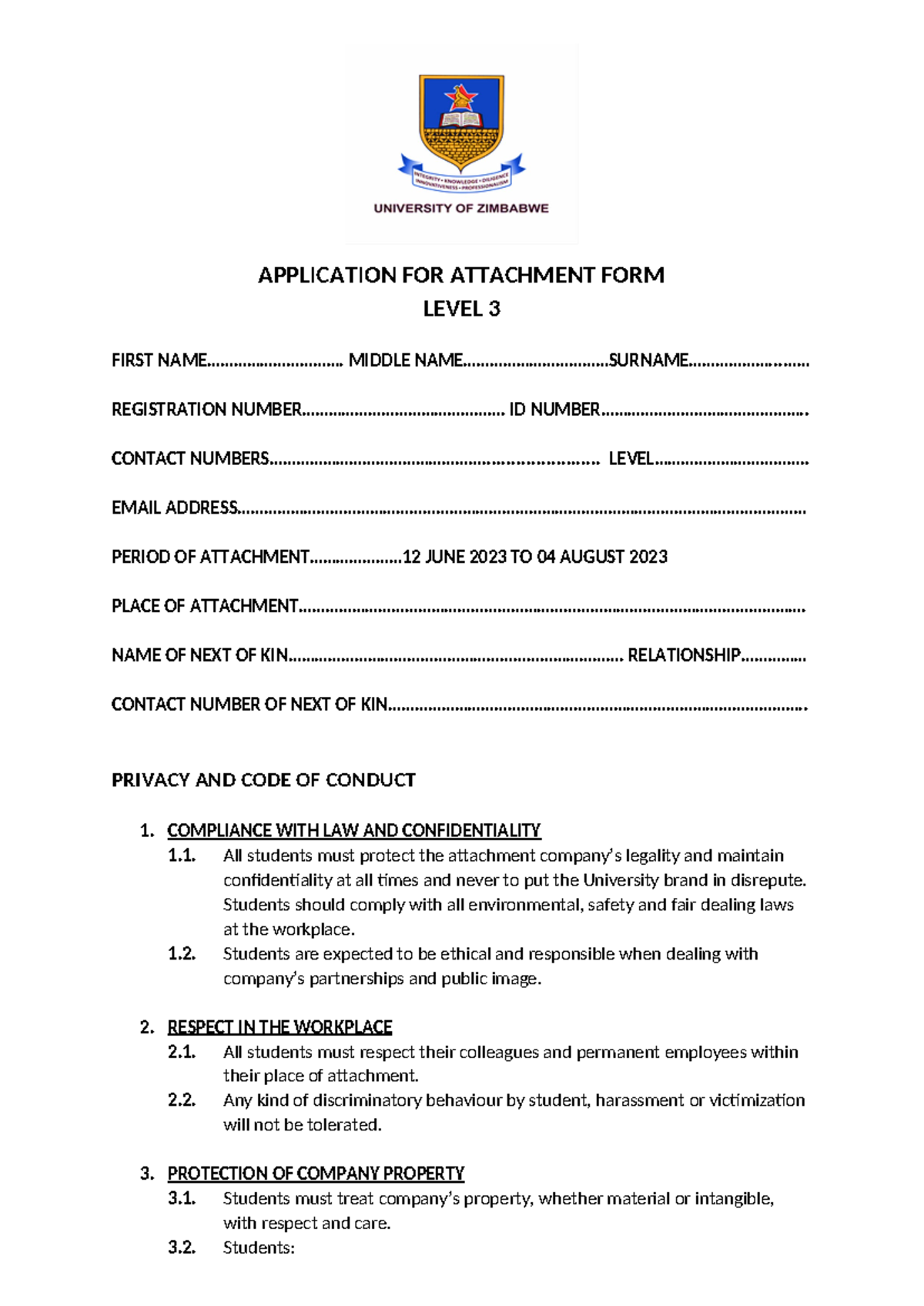 Application FOR Attachment FORM Level 3 - APPLICATION FOR ATTACHMENT ...