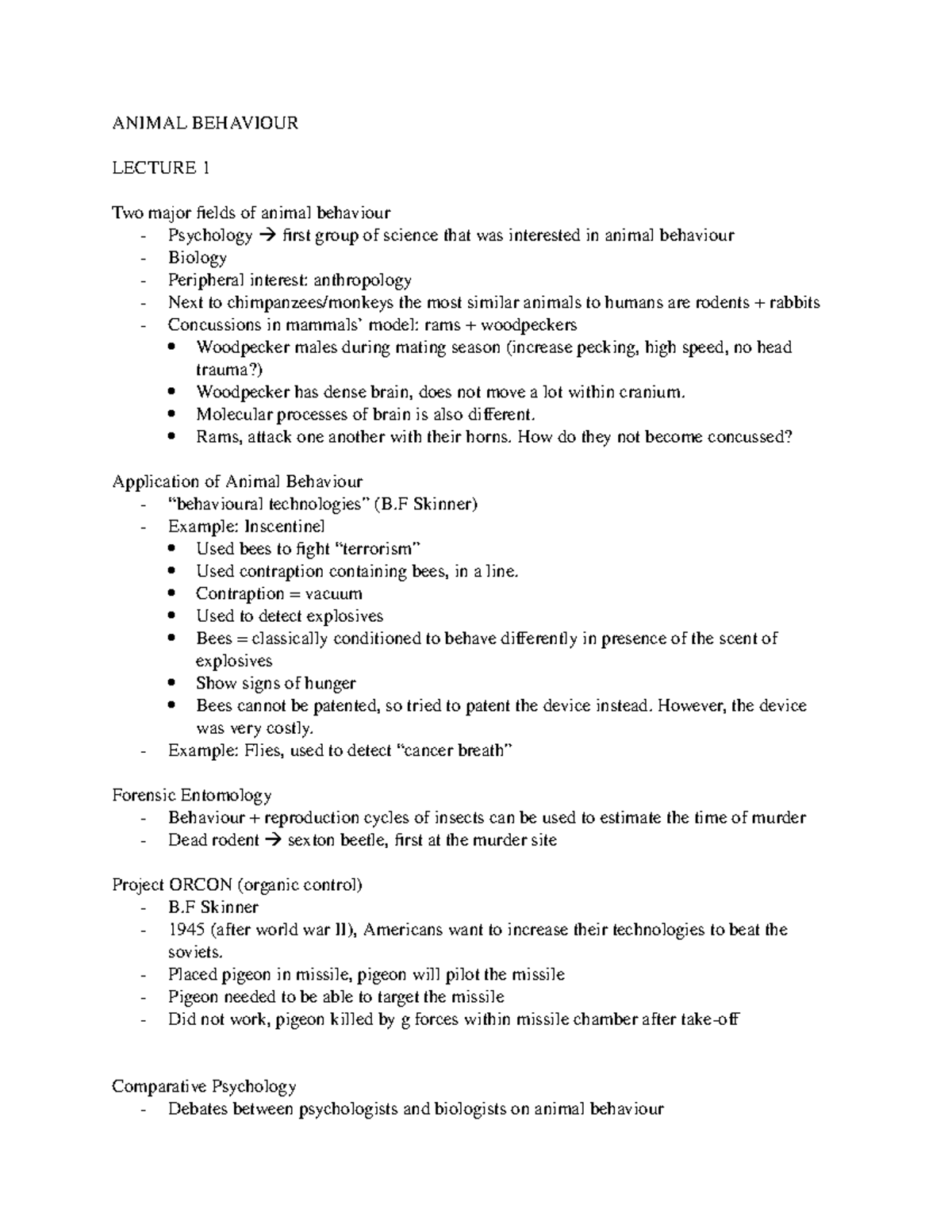 Lecture 1 Notes - ANIMAL BEHAVIOUR LECTURE 1 Two major fields of animal ...