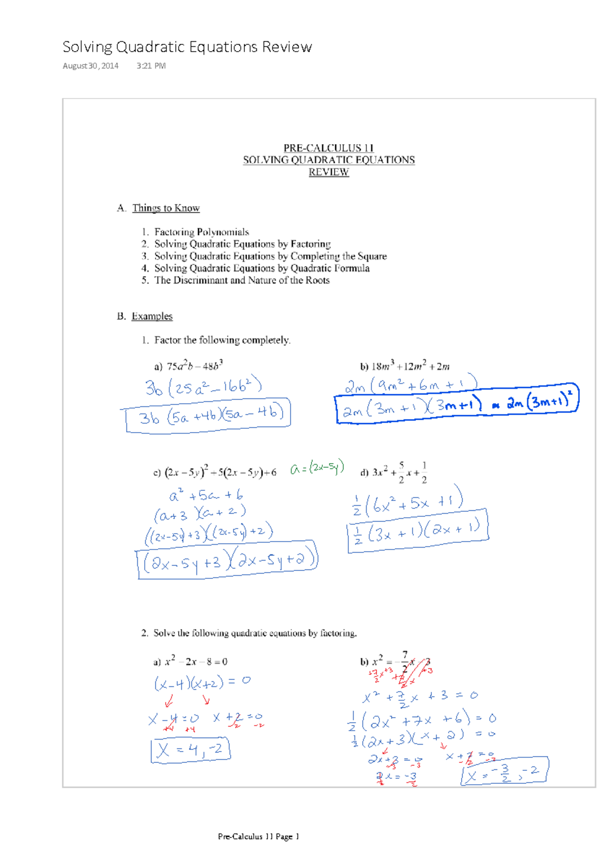 Quadratic equation review - Solving Quadratic Equations Review August ...