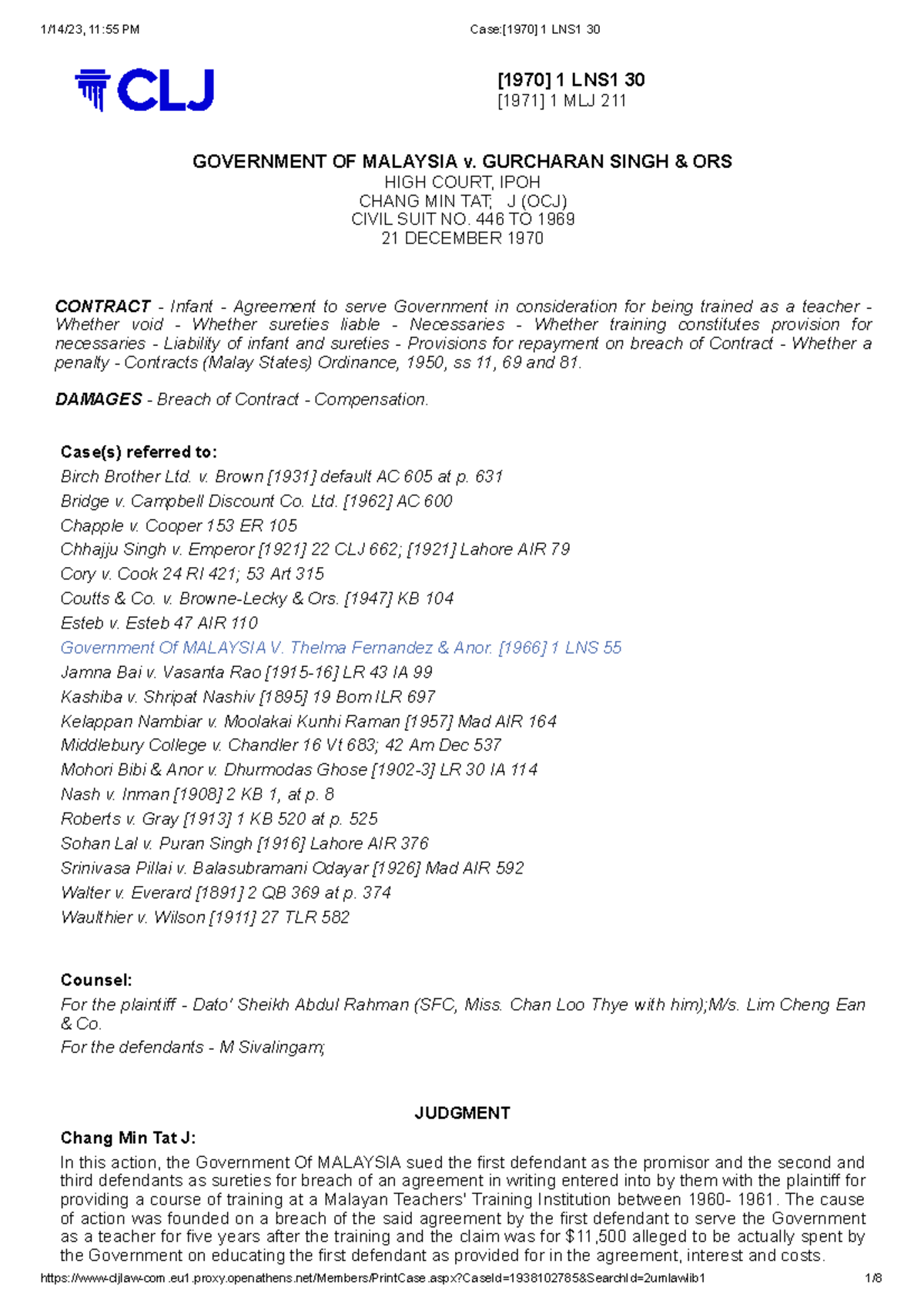 Government OF Malaysia v. Gurcharan Singh & ORS - [1970] 1 LNS1 30 [1971] 1 MLJ 211 GOVERNMENT ...