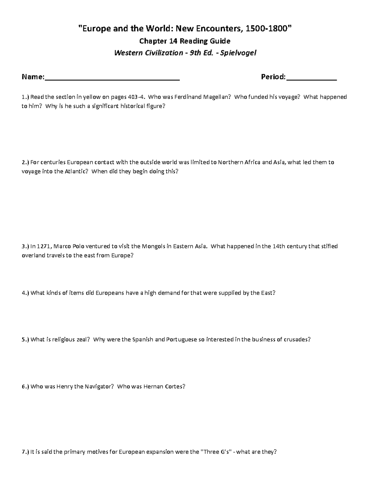 Ch14 Reading Guide - "Europe and the World: New Encounters, 1500-1800 ...