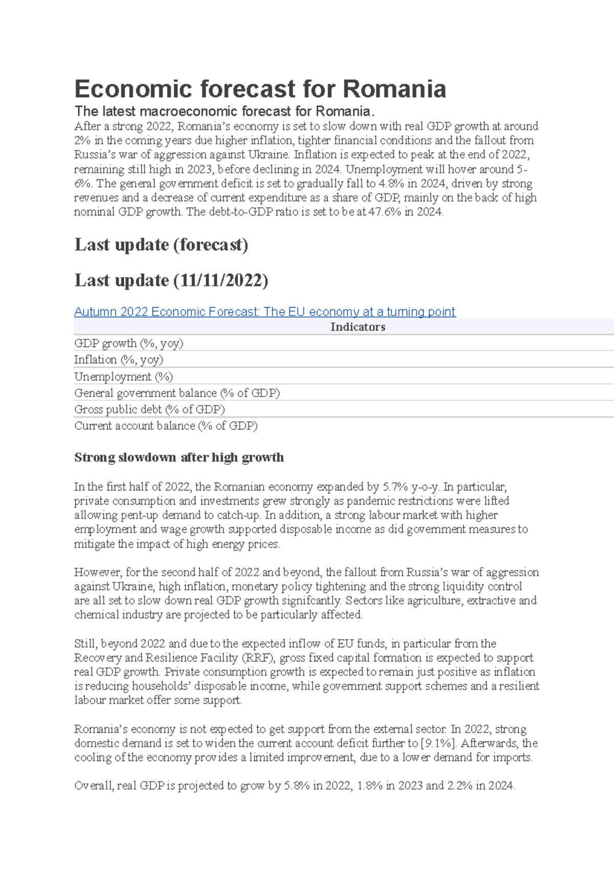 Economic forecast for Romania - After a strong 2022, Romania’s economy ...